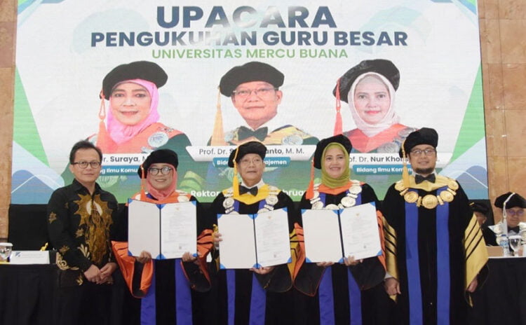 Pengukuhan Guru Besar Mercu Buana Prof Suraya, Prof Setyo Riyanto, dan Prof Nur Kholisoh